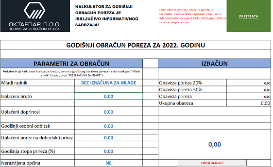 Excel kalkulator za godišnji obračun poreza na dohodak za 2022. godinu ...